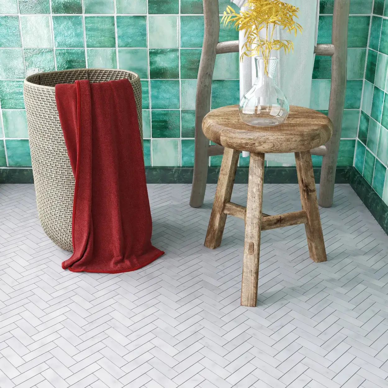 Carrara White Herringbone Mosaic Tile Honed | Ionic Stone